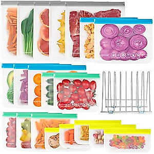 20 Pack Reusable Food Storage Bags and 1 Silicone Bag Drying Rack, Reusable Freezer Bags Assorted Sizes(5 Snack Bags+5 Sandwich Bags+5 Quart Bags+5 Gallon Bags) for Fruits Meat and Veggies