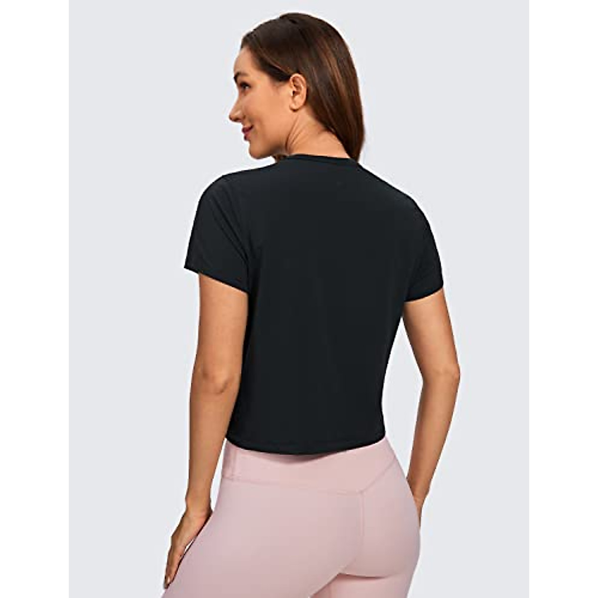 CRZ YOGA Women's Pima Cotton Short Sleeve Crop Tops High Neck Cropped Workout Tops Yoga Athletic Shirts Casual T-Shirt Black Medium