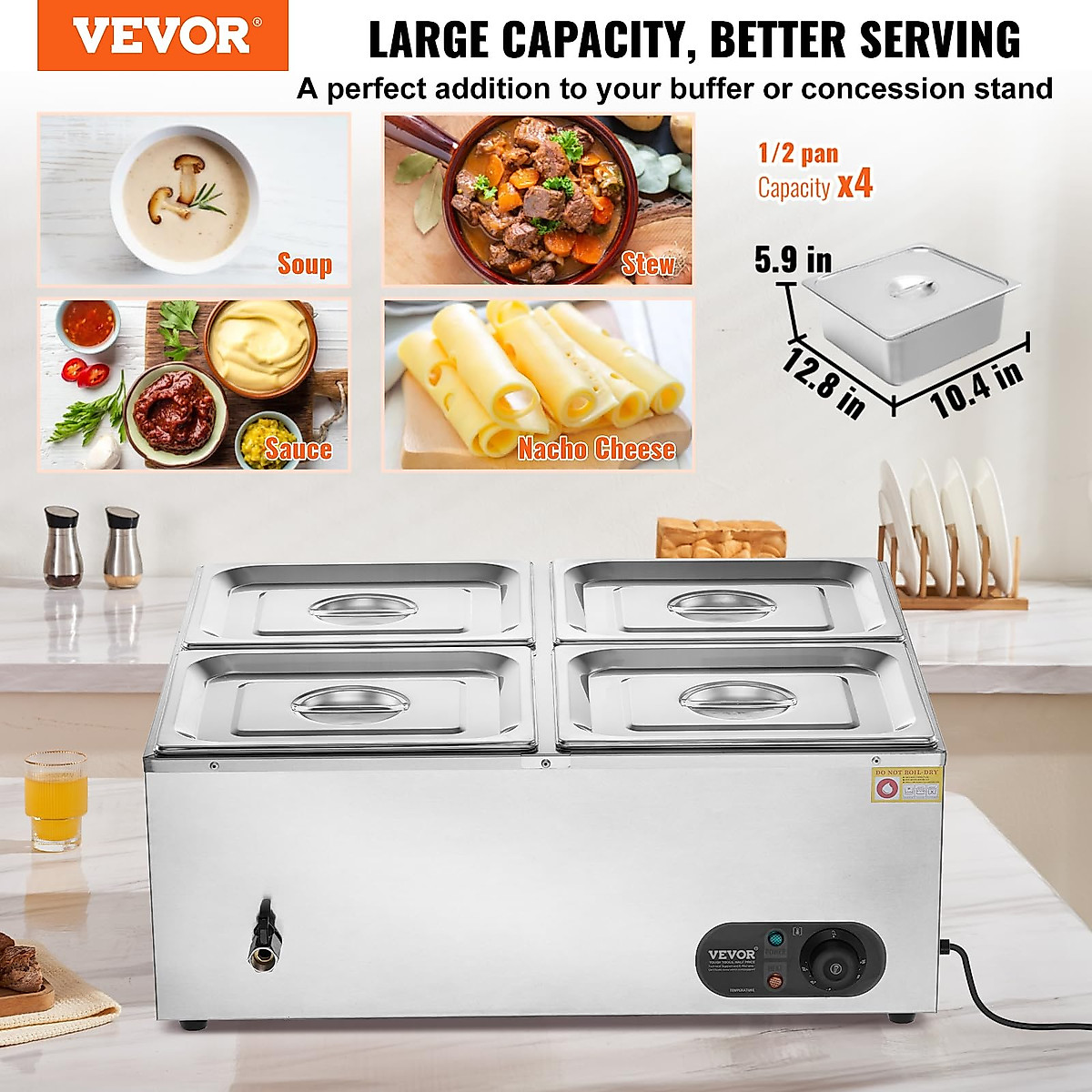 VEVOR 110V 4-Pan Commercial Food Warmer, 1200W Electric Steam Table 15cm/6inch Deep, Professional Stainless Steel Buffet Bain Marie 48 Quart for Catering and Restaurants