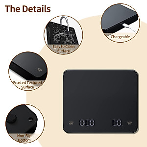 Coffee Scale with Timer, Rechargeable Espresso Coffee Scale, 3kg/0.1g High Precision Digital Coffee Scale, Kitchen Food Scale with Invisible Screen, Measures in g/oz/ml (Black)