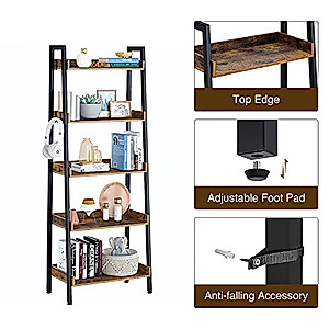 Rolanstar Bookshelf, 5 Tier Ladder Bookshelf with 3 Hooks, Industrial Bookcases, Freestanding Display Plant Shelves with Metal Frame for Living Room, Rustic Brown