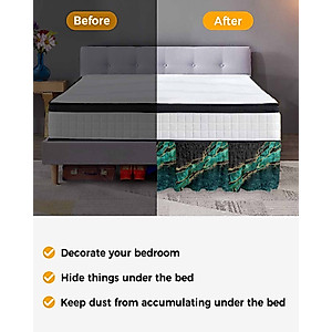 Abstract Black Marble Bed Skirt Queen Size 18 Inch Drop, Adjustable & Elastic Wrap Around Bed Skirts Pleated Luxury Dust Ruffles for Twin Full Queen Cal King Base Bed, Modern Minimalist Emerald Green