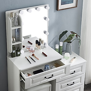 Logimiz Vanity Desk with Mirror and Lights-3 Colors Dimmable Lights, Girls White Vanity Table with Drawers and Chair for Bedroom