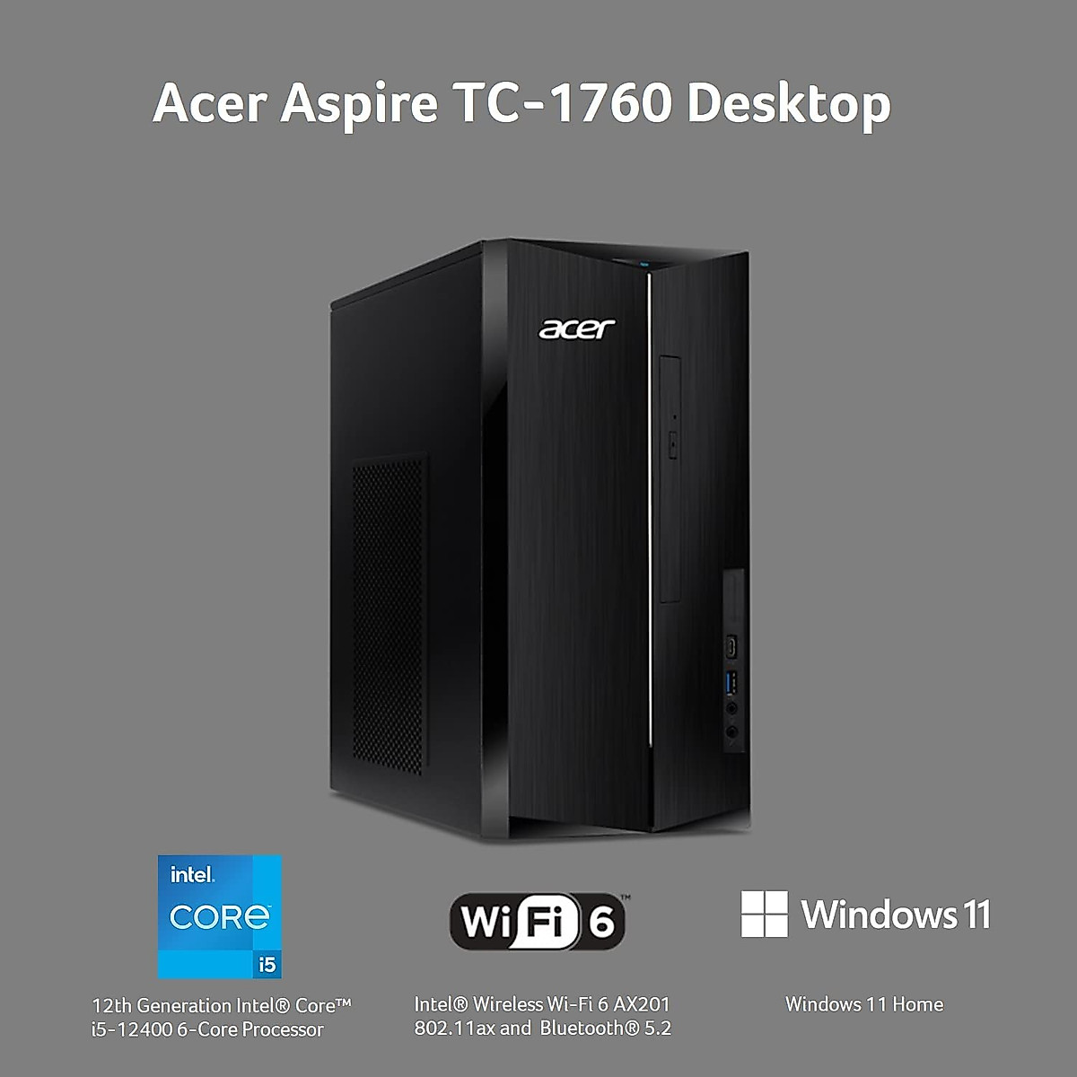 acer 2023 Aspire TC-1760 Desktop PC Intel 12th Gen 6-Core i5-12400 16GB RAM 512GB PCIe SSD 1TB HDD NVIDIA GTX 1660 Super GDDR6 6GB HDMI DP DVI-D USB-C WiFi AC BT RJ-45 Windows 11 Pro w/RE USB Drive