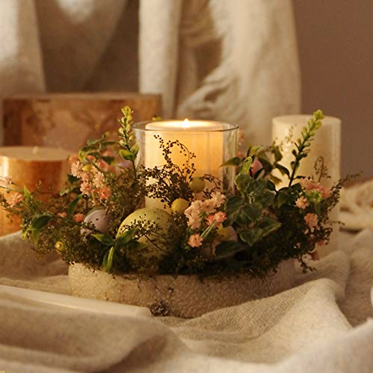 Easter Candle Holder with Pastel Eggs and Mixed Flowers Hurricane Candlestick with Glass Screen Cover Spring Candleholder Small Wreath Candlestick Centrepiece Table Top Decoration Easter Ornaments