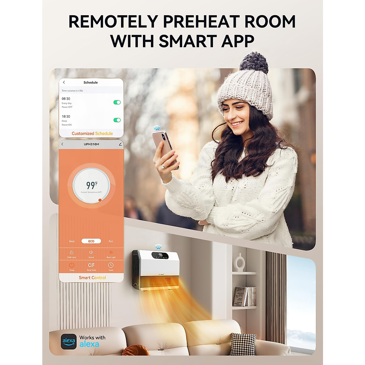 GiveBest Smart Wall Heater, 1500W Fast Heating Space Heater for Bedroom, Electric Space Heater with Thermostat for Indoor Use, Floor or Wall Mounted, On/Off Timers, Works with Alexa, 2024 Upgrade