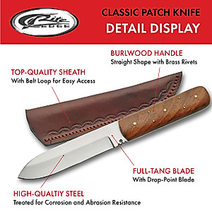 Szco Supplies 8.5” Classic Wood Handle Full-Tang Fixed-Blade Patch Knife with Leather Sheath,Brown