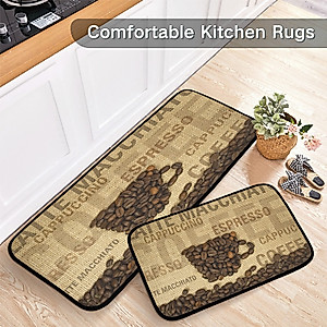 ALAZA Coffee Vintage 2 Piece Kitchen Rug Floor Mat Set Runner Rugs Non-Slip for Kitchen Laundry Office 20" x 28" + 20" x 48"
