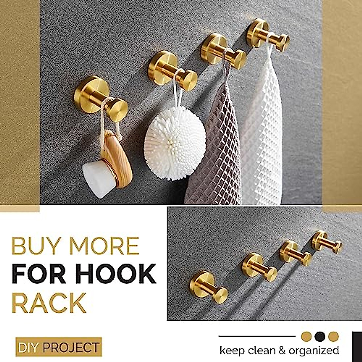 Angle Simple Towel Hook Brushed Gold 2 PCS, SUS304 Stainless Steel Hand Towel Holder, Bathroom Towel Hanger, Robe Hook for Wall