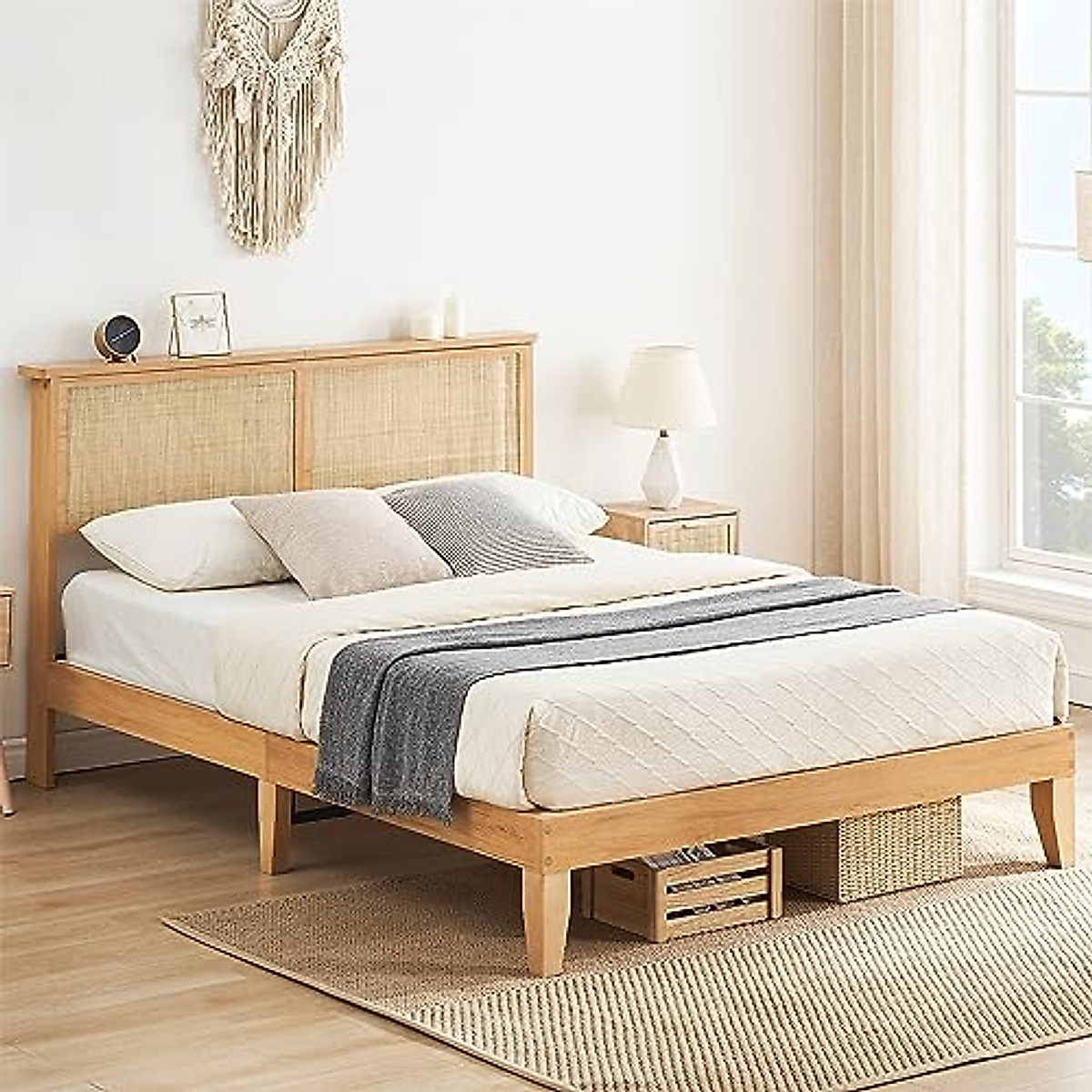 GAOMON 12.4 Inch Deluxe Solid Wood Queen Bed Frame with Natural Rattan Headboard, Queen Size Platform Bed Frame with LED Lights, Mattress Foundation, Noise-Free, No Box Spring Needed