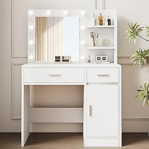 LIVELYGLOW Vanity Desk with Mirror and Lights, Makeup Vanity with Drawer & Storage Shelves, Cabinet, 3 Lighting Modes Adjustable Brightness, Bedroom Dressing Table, White