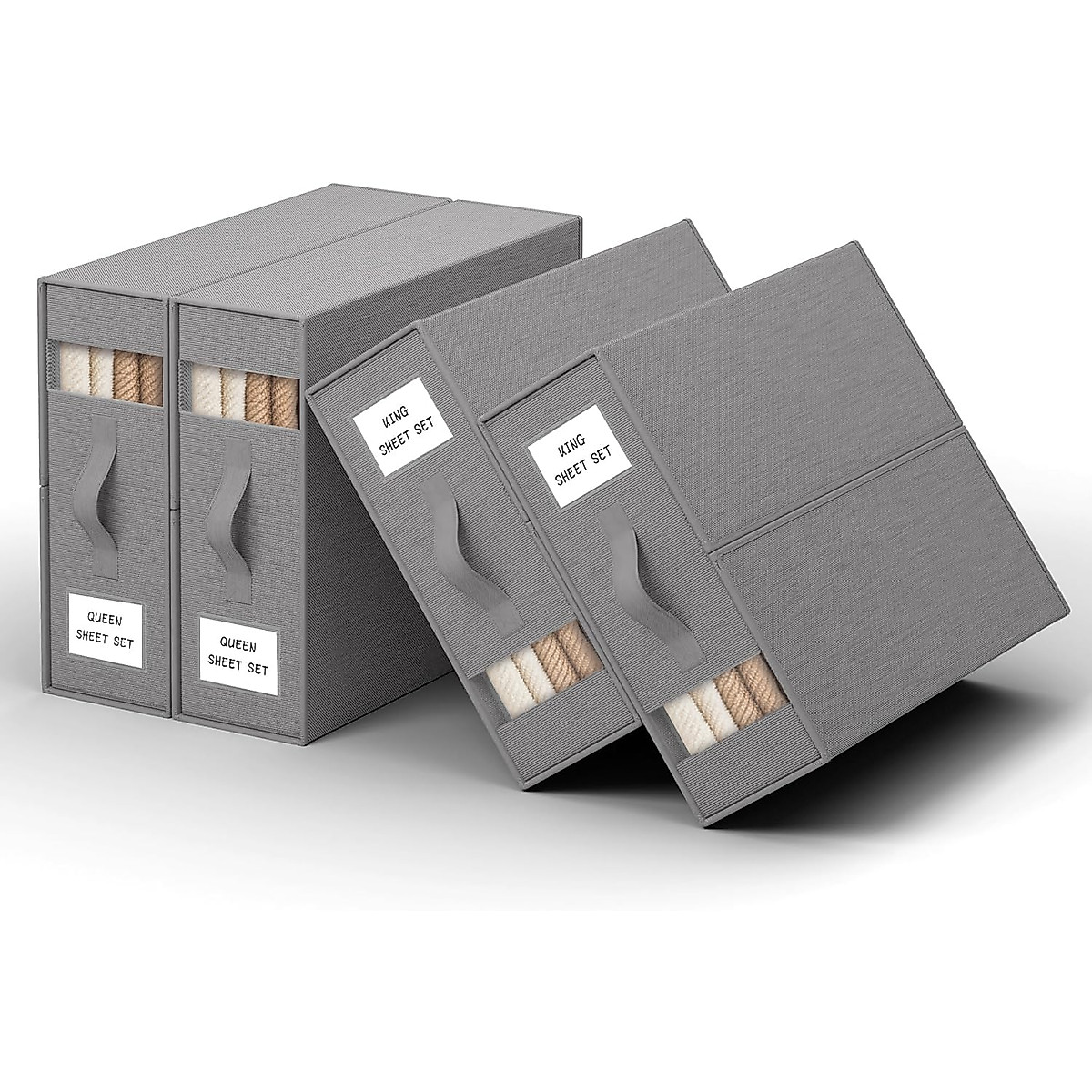 PARANTA Bed Sheet Organizers and Storage 4 Pack,Foldable Linen Closet Organizer,Twin Full Bed Sheet Organizers with Label Handle Window,Sheets Set Keeper for Blanket Duvet Cover Queen or King Grey