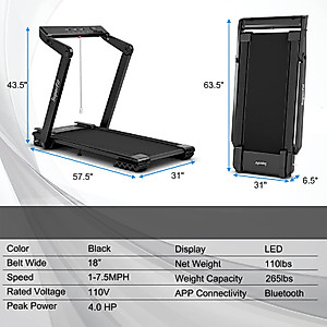 GYMAX Folding Treadmill, 4HP Running Machine with LED Touch Screen, Smart APP Connection, Free Installation Fitness Workout Treadmill for Home Gym
