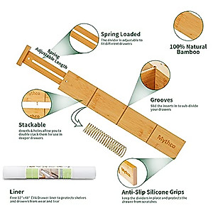 Mythco Adjustable Bamboo Drawer Dividers with Inserts and Liner, Expandable Drawer Organizer for Kitchen Large Utensils, Office Desk, Bedroom Dressers, Nightstand and Bathroom Vanity (17-22 inches)