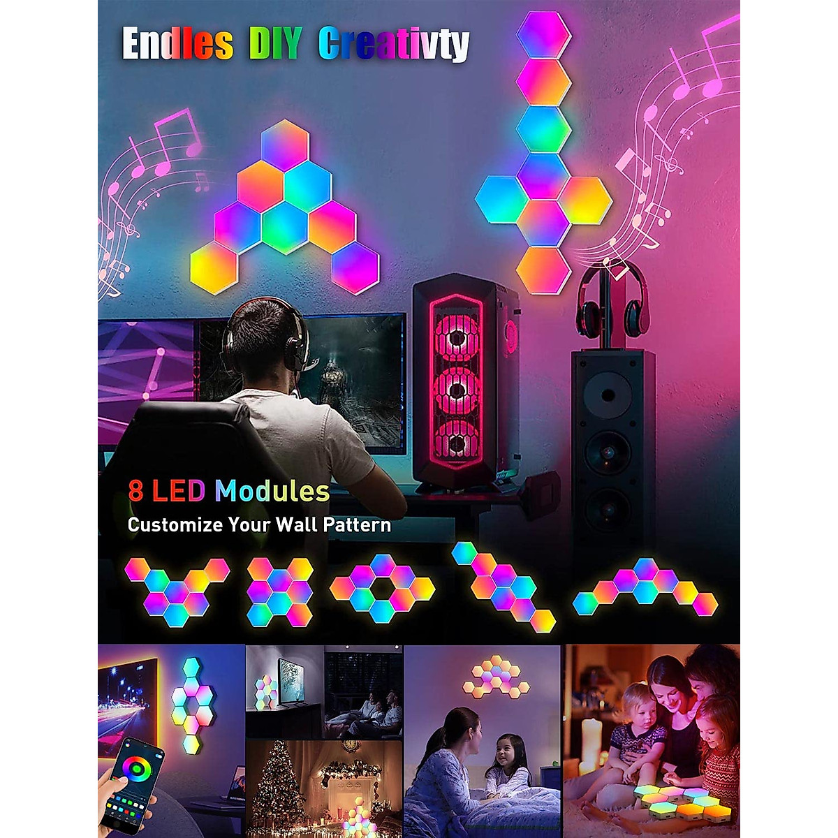 selfila Music Sync DIY Hexagon Lights - 8 Pack Smart APP and Remote RGB Wall Light Hexagonal Modular Gaming Light Honeycomb Shape Panels LED Lights for Bedroom Children Room Decor