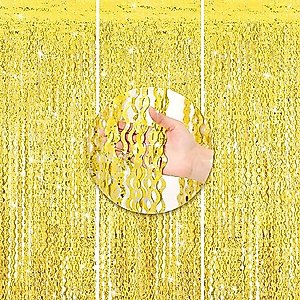 3 Pcs Fringe Curtain Backdrop,3.3 x 6.6 ft Wave Streamers Tinsel Metallic Curtains Photo Backdrop Streamers for Mermaid Birthday Under Sea Ocean Themed Party Decorations (Gold)