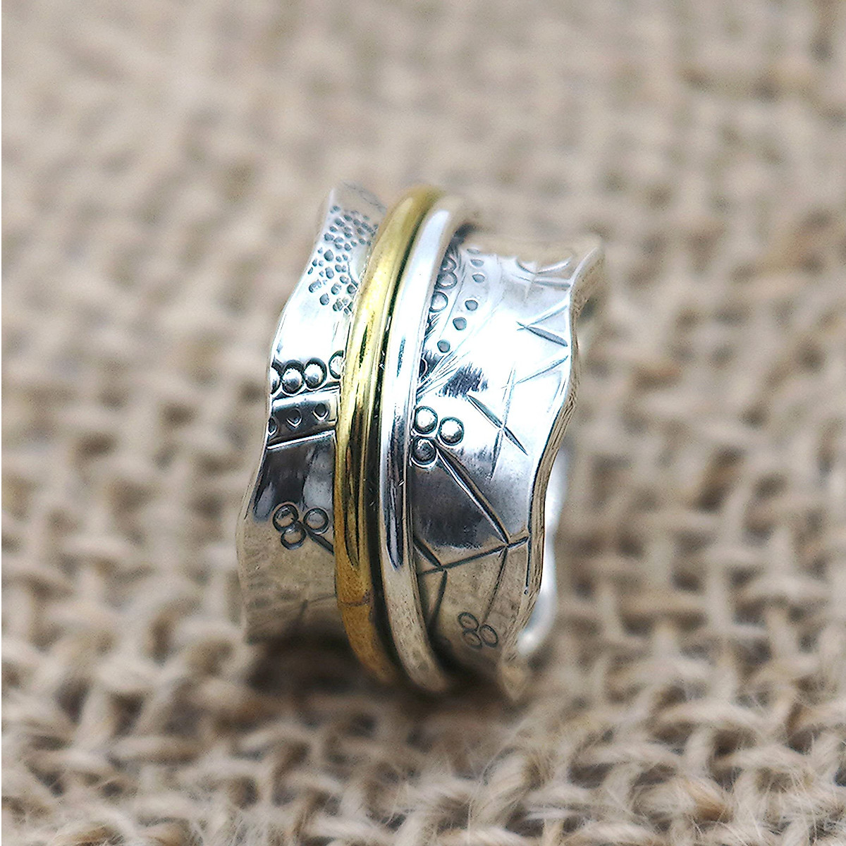 ENERGY STONE Sun Worship Far East Styling Sterling Silver Meditation Spinner Ring for Women with Brass and Silver Spinners (Style US14) (8)