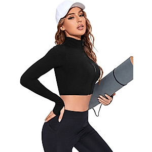 SweatyRocks Women's Long Sleeve Stand Collar Zip Up Crop Top Stretchy Sports Jacket Activewear Black S