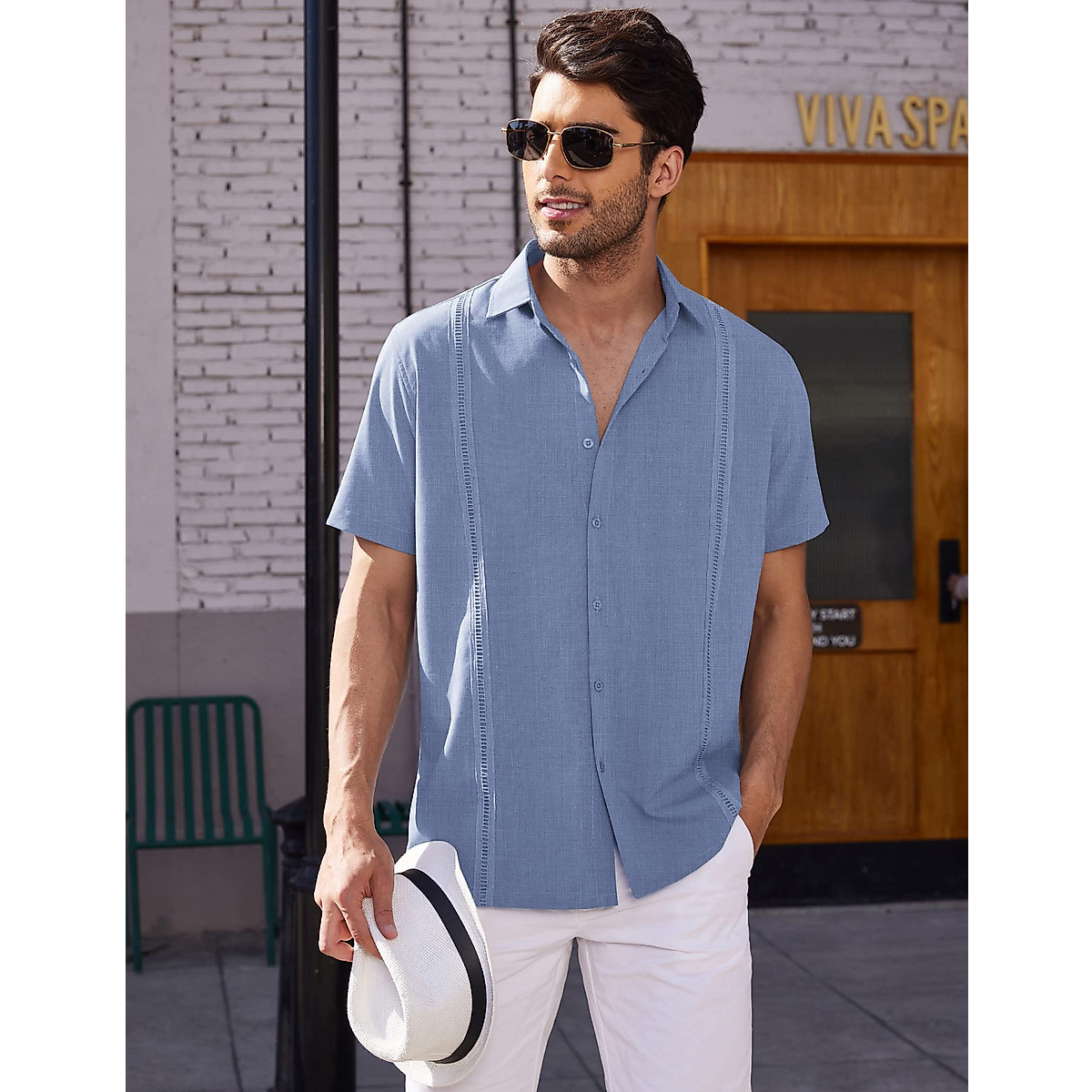 COOFANDY Men's Casual Cotton Beach Button Down Dress Shirt Summer Linen T-Shirt~ Grey Blue
