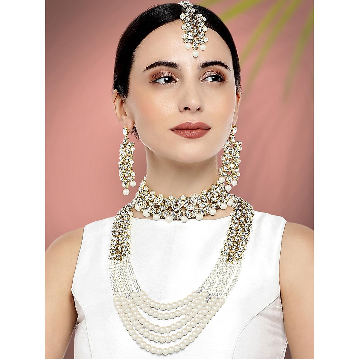 Aheli Wedding Party Wear Bridal Jewellery Choker Long Pearl Necklace Earrings Maang Tikka Indian Traditional Set for Women White