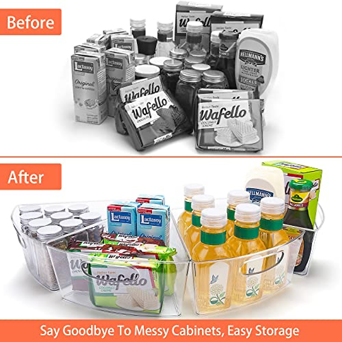 SOKOSEY Lazy Susan Organizer 10.2"x 9.4"x4" for 26" Diameter Corner Lazy Susan Cabinet, Set of 6 Plastic Clear Lazy Susan Bins, 1/8 Wedge 4" Deep Kitchen Corner Storage Bin