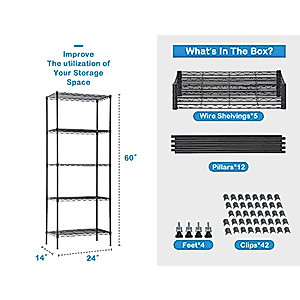 5-Shelf Metal Shelving Unit Height Adjustable Commercial Wire Shelving Rack with Leveling Feet 150Lb Capacity Per Shelf 24"x14"x60" Utility Storage Shelves for Kitchen Home Restaurant Pantry Office