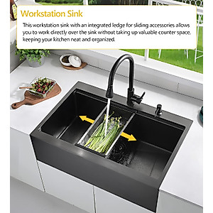 33 Inch Black Drop in Farmhouse Sink, Luckyhorse 33x22x10 Inch 16 Gauge Black Stainless Steel Topmount Workstation Apron Front Kitchen Sink with Accessories LH010S