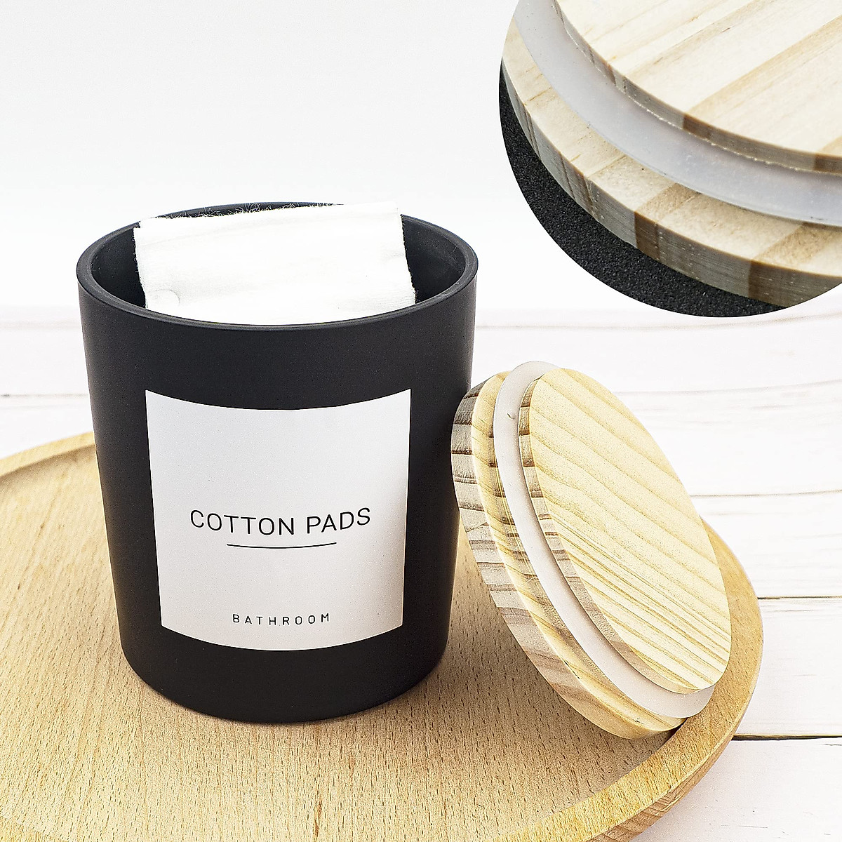 Ezebesta 3PCS Modern 13.53oz Black Bathroom Canisters with 12 Labels & Wooden Lid Thick Glass Jar Set Qtip Holder for Cotton Ball & Pads Storage Organization Minimalist Decor