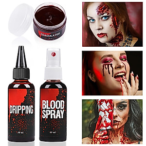 Fake Blood Set, 2.1oz Fake Blood Spray and 2.1oz Dripping Blood and 1.41oz Coagulated Gel Blood, Halloween Washable Fake Blood Makeup for Clothes, Zombie, Vampire Cosplay & Dress Up