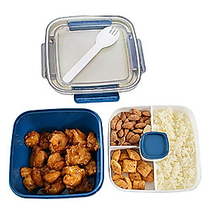 Home-X Section Lunch Box, Lunch Containers for Kids and Adults, Multi-Compartment Food Box, Salad Dressing Container, Spork, 6 ¾" L x 6 ¾" W x 4 ¾" H, Blue