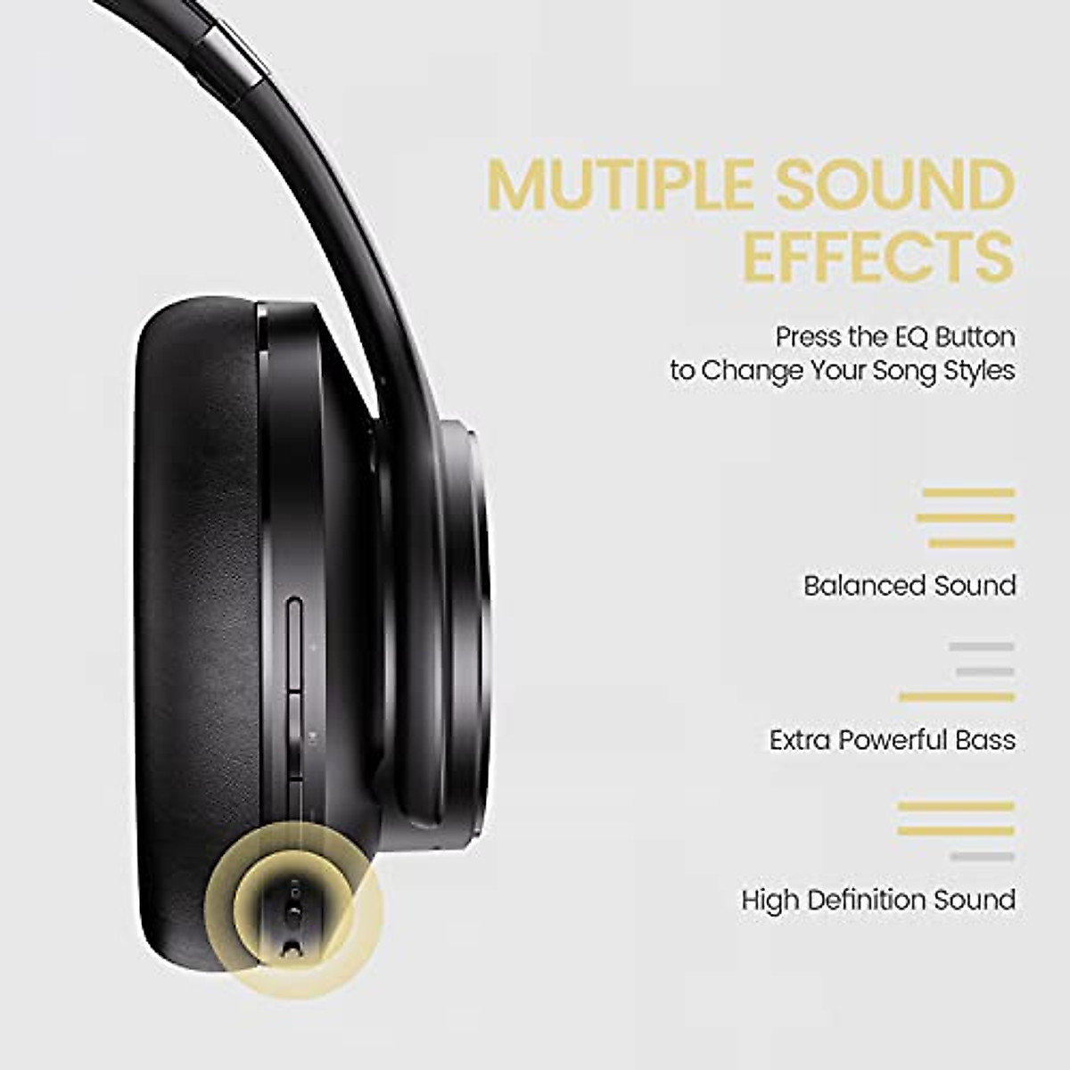 DOQAUS Bluetooth Headphones Over Ear, 52 Hours Playtime Wireless Headphones with 3 EQ Modes, Noise Isolating HiFi Stereo Headphones with Deep Bass, Microphone, Soft Earpads for Cellphone/PC (Black)