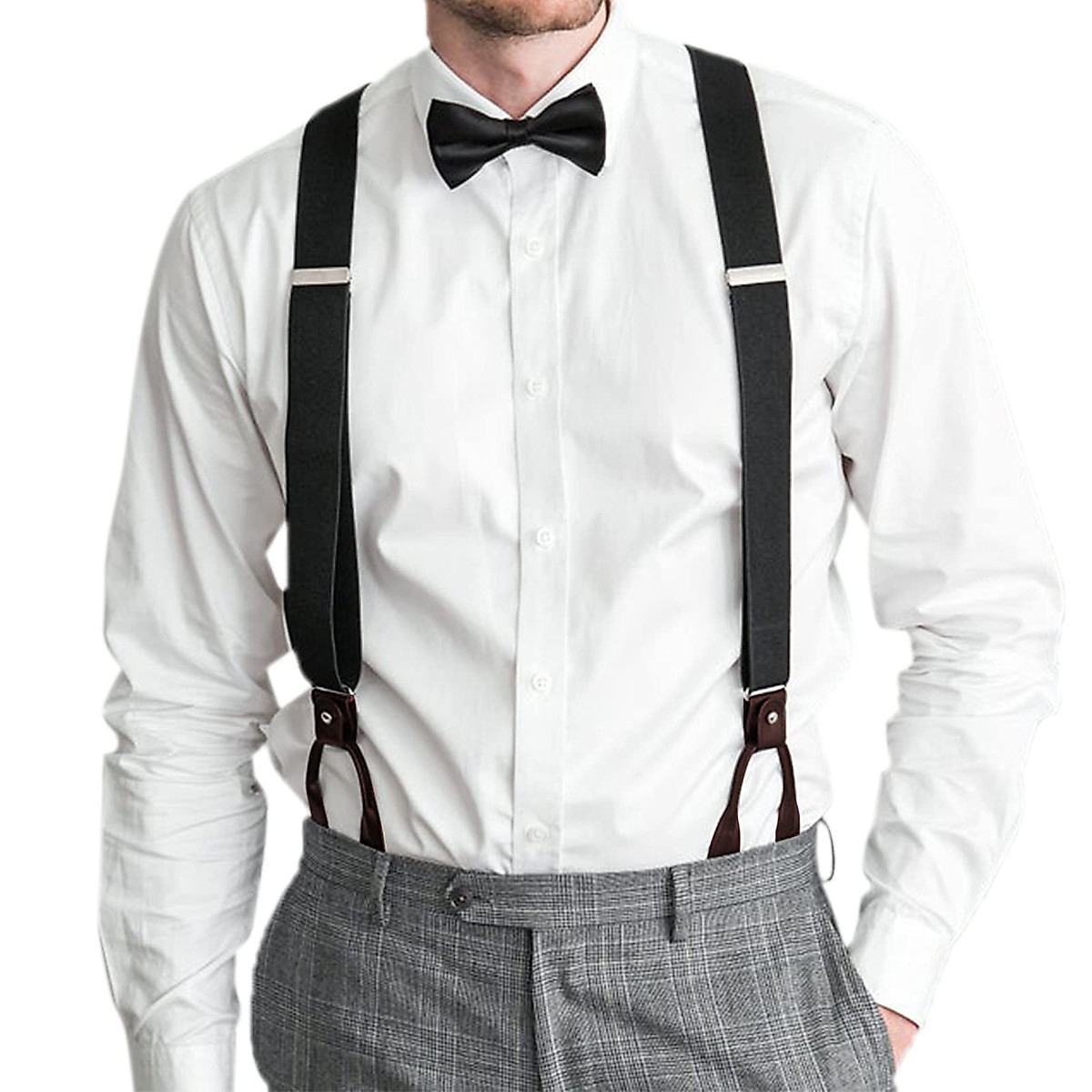 AWAYTR Mens Brown Button End Suspenders - Adjustable Elastic Y Shape Tuxedo Suspender (Black)