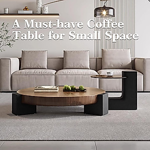 Round Coffee Table, 36in 2-Part Unique Modern Wooden Coffee Tables for Living Room Bedroom Coffee, Solid Wood Coffee Table Leg & Top, Brown Explosion-Proof Glass Small Top