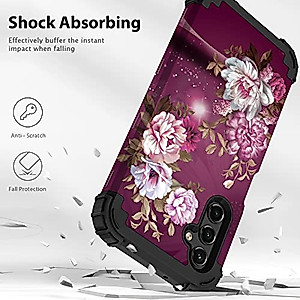 Hocase Heavy Duty Shockproof Protection Soft Silicone Rubber Bumper+Hard Plastic Hybrid Protective Case for Samsung Galaxy A14 5G (6.6" Display) 2023 - Burgundy Flowers
