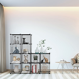 TUMUCUTE Wire Storage Cubes, Metal Storage Shelves Bookshelf, Stackable Modular Closet Organizer for Bedroom Living Room, Office, Black (12 Cubes, Iron)