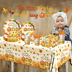 Dydamud Our Little Pumpkin is Turning One Decorations,143Pcs Little Pumpkin 1st Birthday Tableware Maple Leaf Fall Baby Shower Plates and Napkins for Thanksgiving Pumpkin First birthday Supplies