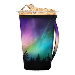 Reusable Iced Coffee Sleeve with Handle Northern lights aurora Insulator Neoprene Cup Sleeve for Cold Drinks Beverages, Men Women Beverages Sleeve Coffee Sleeve Holder 30-32oz