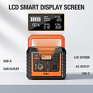 EBL Portable Power Station 300, 110V/330W Pure Sine Wave Solar Generator (Solar Panel Not Included) - Peak 600W Backup Lithium Batteries AC Outlet for Blackout Outdoors Camping Hunting Travel