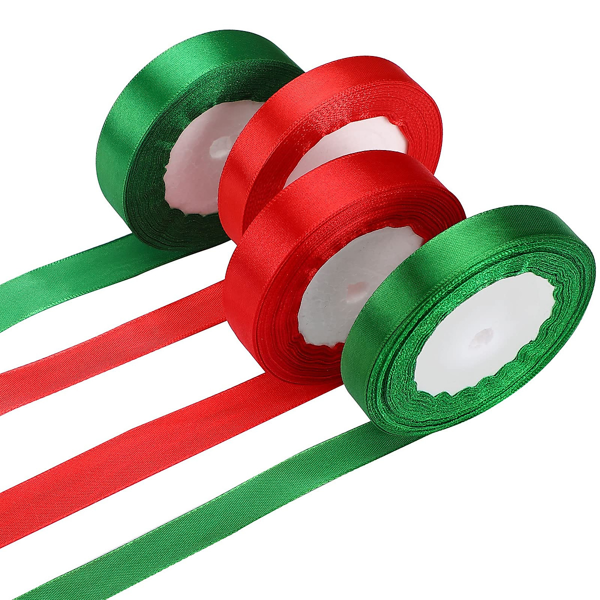FEBSNOW 4 Rolls 100 Yards Christmas Ribbon, 0.6 Inch and 0.8 Inch Wide Holiday Red Green Satin Ribbons for Xmas Gifts Wrapping and Craft Decoration
