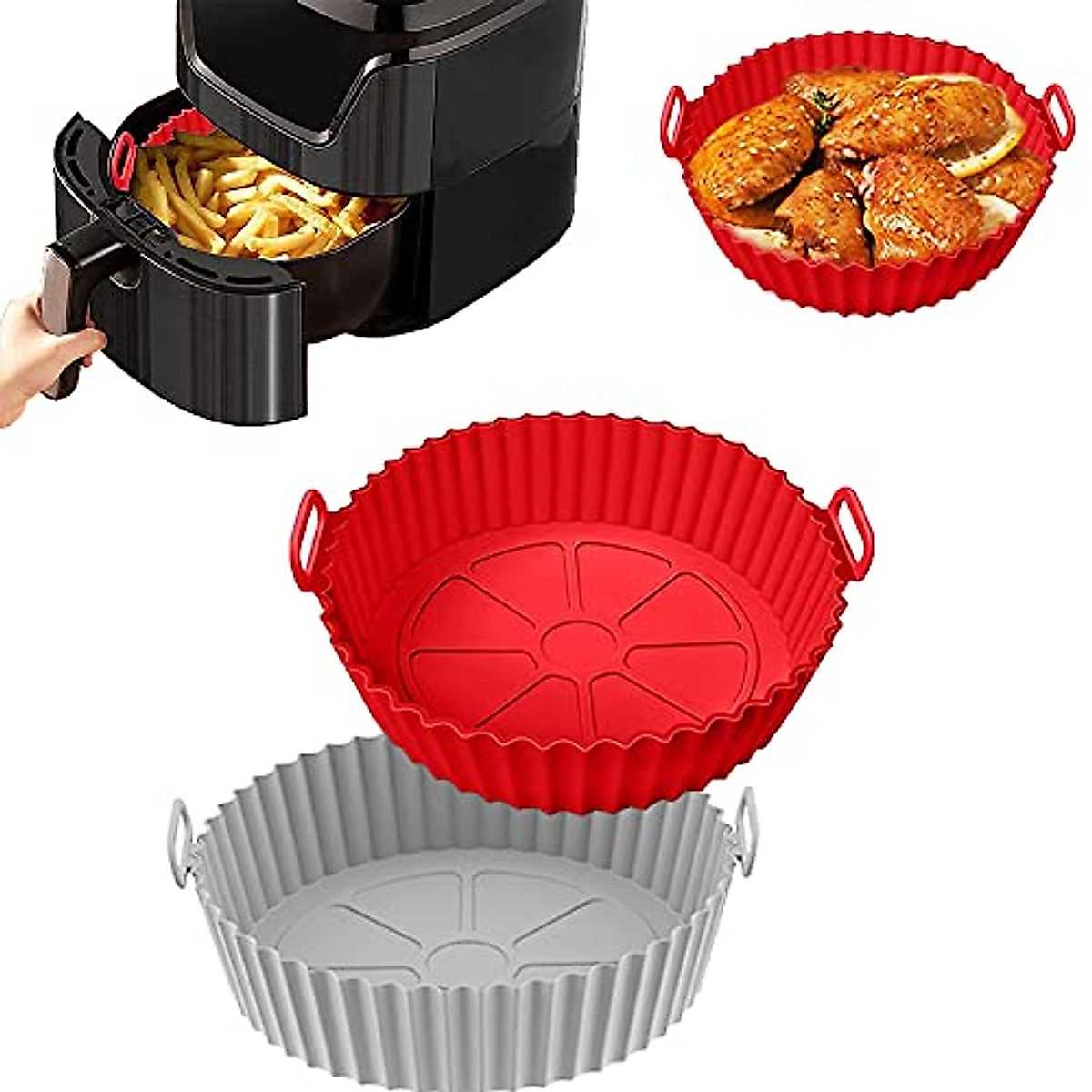 Air Fryer Liners Reusable-8 Inch Air Fryer Silicone Pot，Silicone Air Fryer Basket,Easy to Clean Round Tray for 3.6 To 6.8QT for Air fryer Oven Accessories（Gray+Red)