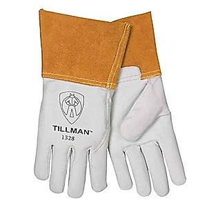 John Tillman and Co Tillman Large 13" Pearl and Gold Top Grain Goatskin Unlined TIG Welders Gloves with 4" Cuff and Kevlar Thread Locking Stitch (Carded), 1328L