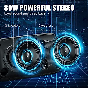 Ortizan 80W Powerful Portable Bluetooth Party Speaker, Extra Deep Bass, Loud 105dB Sound IPX4 Outdoor Wireless Bluetooth Speakers with Dynamic Light Show, Wireless Microphone, 24H Playtime(Black)