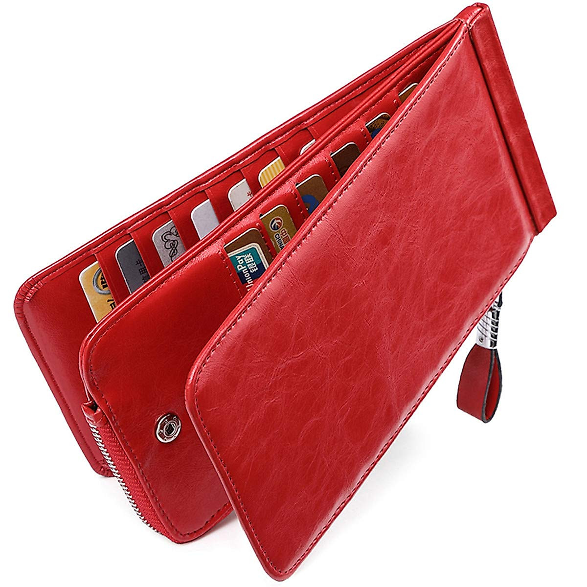 Huztencor Women's Credit Card Holder RFID Blocking Oil Wax Leather Multi Card Organizer Wallet Slim Long Zipper Bi-fold Business Card Case Clutch Wallet with ID Window Red (FBA)