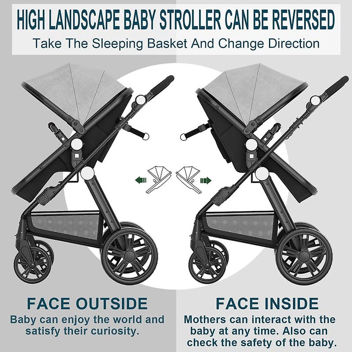 Newborn Infant Baby Bassinet Stroller - Sleeping & Sitting Mode 2 in 1 All Terrain High Landscape Shock Absorption Sunshade Comfortable Baby Toddler Strollers for 0-36 Months Old Babies Gray