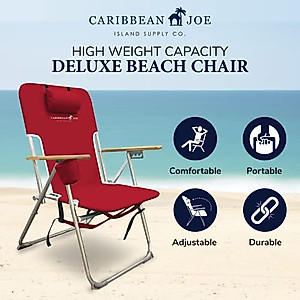 Caribbean Joe Folding Beach Chair, 4 Position Portable Backpack Foldable Camping Chair with Headrest, Cup Holder, and Wooden Armrests, Red, 33.5"D x 3"W x 25"H