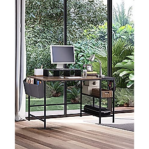 Ohuhu 55 Inch Large Computer Desk with Storage Shelves, 2-Tier Industrial Home Office Writing Study Desks with Monitor Stand Storage Bag and Hooks Laptop Work Table for Gaming Bedroom Living Room