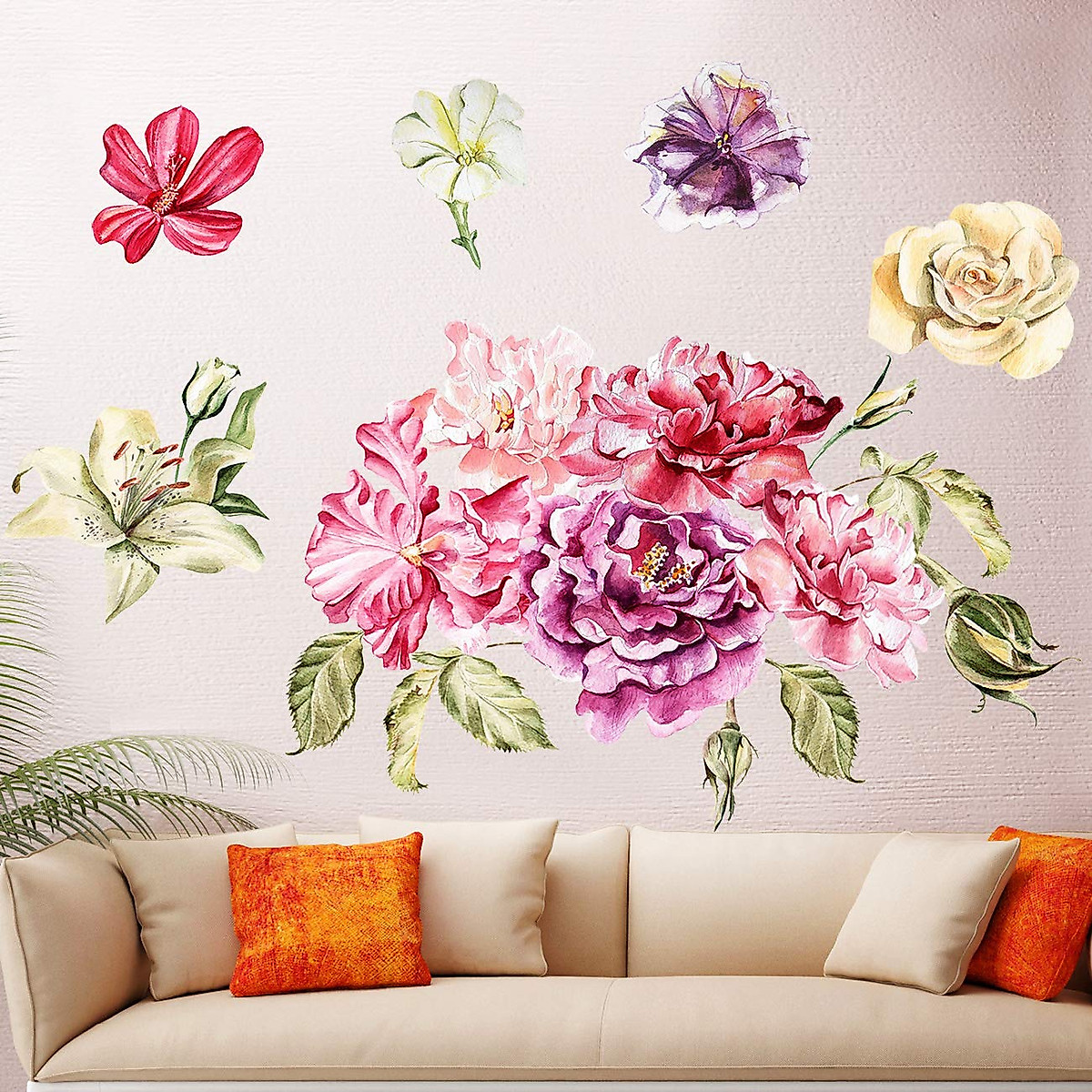 Amaonm Removable 3D Beautiful Pink Red Peony Flower with Green Plants Leaf Wall Decal Wall Stickers DIY Peel and Stick Art Decor for Kids Girls Bedroom Living Room Nursery Decoration (C)