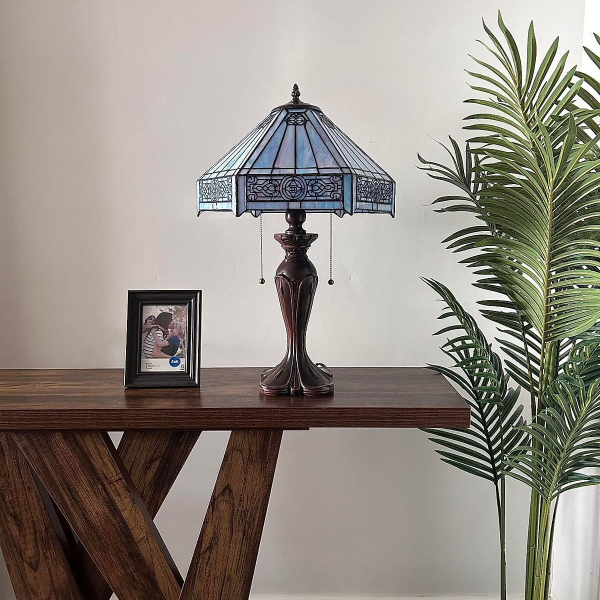 enjoy decor lamps Tiffany Table Lamp Blue Pink Stained Glass Hexagon LED Bulbs Included for Living Room Bedroom Bedside 16" W*16" D*24" H