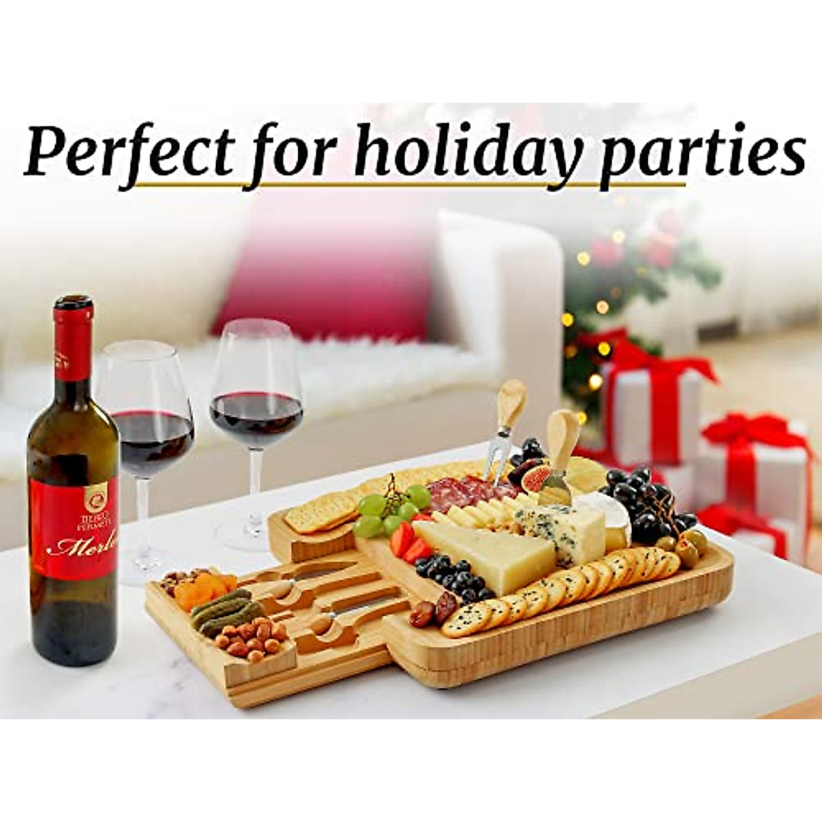 Zulay Kitchen Premium Bamboo Cheese Board Set - Extra Thick Bamboo Charcuterie Board Set with 4 Piece Knife Set - Wooden Cheese Board is Perfect for Charcuterie, Wine and Cheese (Party Set)