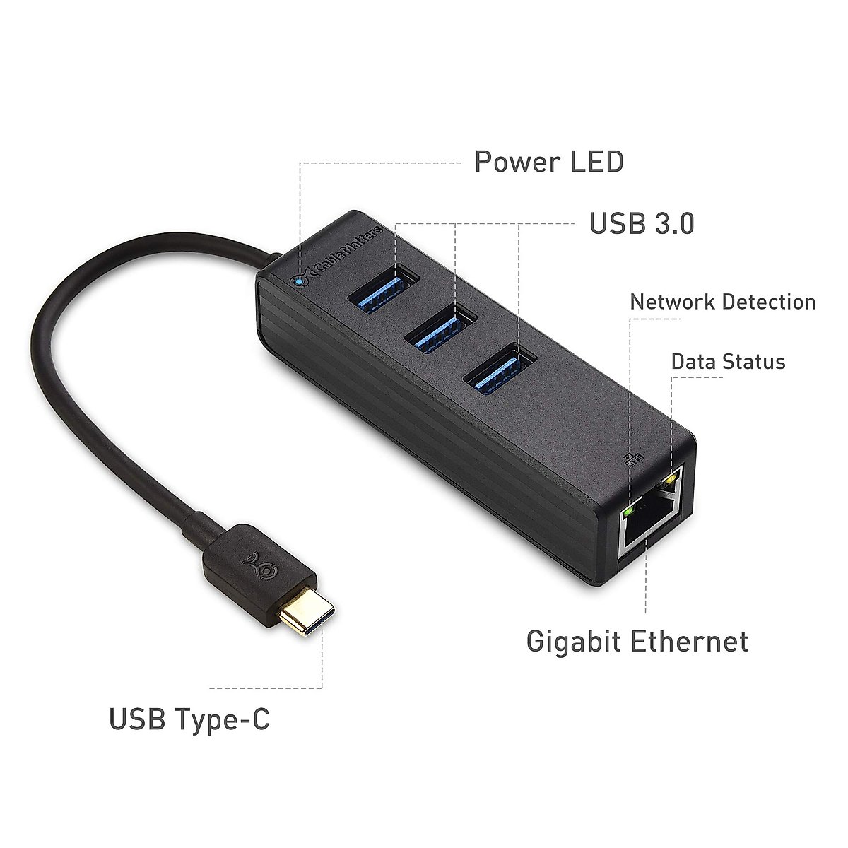 Cable Matters 4-in-1 USB C Hub Ethernet, Support Gigabit Network, USB C Ethernet Hub, Thunderbolt LAN Adapter with 10/100/1000Mbps Network, Black